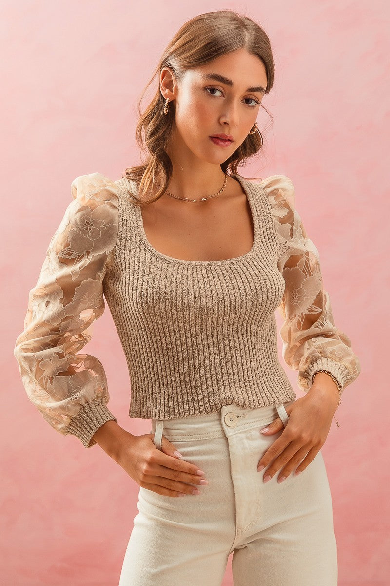 Rib Knit Sweater with Sheer Lace Puff Sleeves – Libby Story